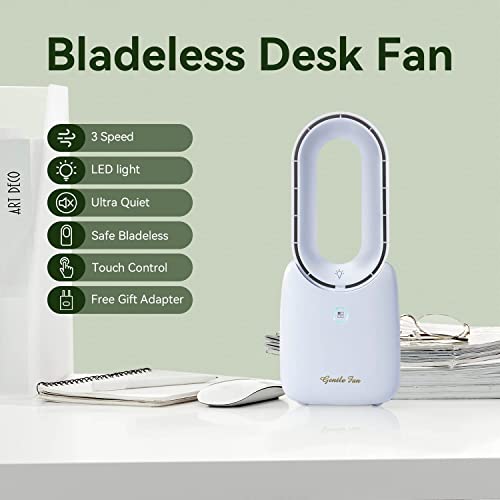 let'me Desk Fan,Portable Bladeless Fan 11.8 inch Small Personal Cooling Fan with 5 Colors Touch Control LED Light,Quiet Table Fan for Home, Office, Bedroom