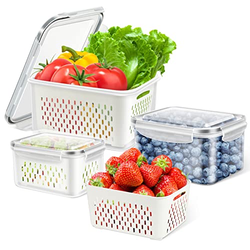 TBMax Fruit Storage Containers for Fridge - 3 Pack Large Produce Saver Containers Fridge Organizers with Airtight Lid & Colander, Vegetable Storage Lettuce Keepers Berry Containers for Refrigerator