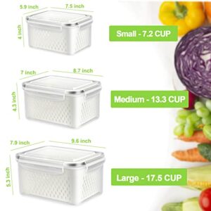 TBMax Fruit Storage Containers for Fridge - 3 Pack Large Produce Saver Containers Fridge Organizers with Airtight Lid & Colander, Vegetable Storage Lettuce Keepers Berry Containers for Refrigerator