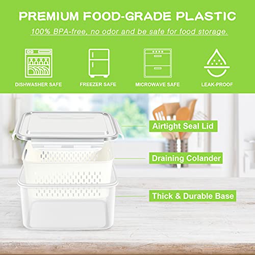 TBMax Fruit Storage Containers for Fridge - 3 Pack Large Produce Saver Containers Fridge Organizers with Airtight Lid & Colander, Vegetable Storage Lettuce Keepers Berry Containers for Refrigerator