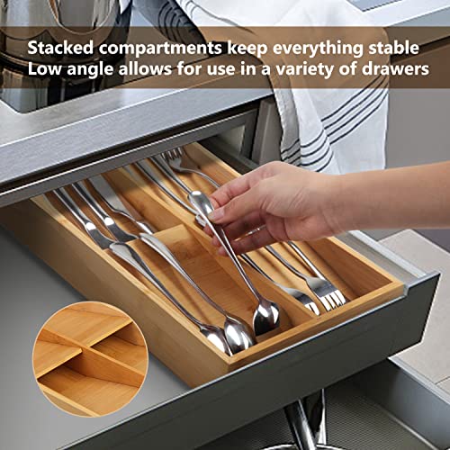 JSVER Kitchen Drawer Organizer Bamboo Drawer Organizer for Utensils Holder, Wood Drawer Dividers Organizer For Silverware, Flatware, Knives in Kitchen