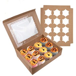 jucoan 20 pack kraft cupcake boxes containers with clear display window, brown cake trays holder for cookies, muffins pastries, holding 12 standard cupcakes for valentines day party