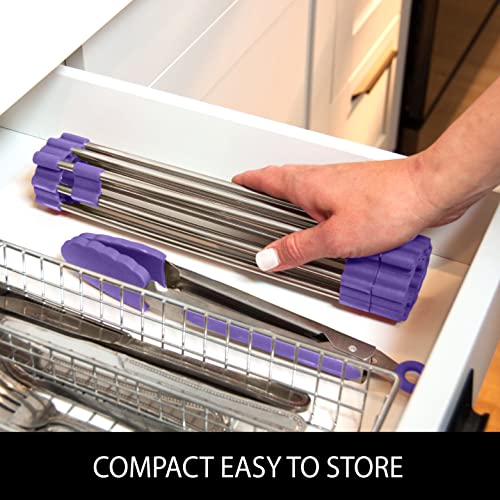 Total Rack Multipurpose Over-Sink Dish-Drying Rack, Cooling, Crisping, Roasting & Serving, Trivet, Nonslip Silicone Grips, Expandable 14" to 21" Stainless-Steel Roll Out Rack - Purple