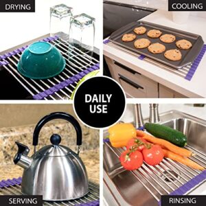 Total Rack Multipurpose Over-Sink Dish-Drying Rack, Cooling, Crisping, Roasting & Serving, Trivet, Nonslip Silicone Grips, Expandable 14" to 21" Stainless-Steel Roll Out Rack - Purple