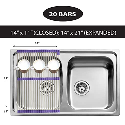 Total Rack Multipurpose Over-Sink Dish-Drying Rack, Cooling, Crisping, Roasting & Serving, Trivet, Nonslip Silicone Grips, Expandable 14" to 21" Stainless-Steel Roll Out Rack - Purple