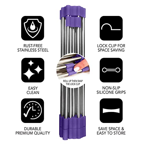 Total Rack Multipurpose Over-Sink Dish-Drying Rack, Cooling, Crisping, Roasting & Serving, Trivet, Nonslip Silicone Grips, Expandable 14" to 21" Stainless-Steel Roll Out Rack - Purple