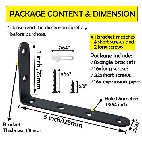 Corner Brace 8 Pcs Shelf Bracket Heavy Duty Black Steel L Corner Brace, Decorative Joint Angle Bracket for Shelf 5 InchX3 Inch Shelves Wall Hanging Bracket with Screws (125X75mm(5 InchX3 Inch)(8PCS))