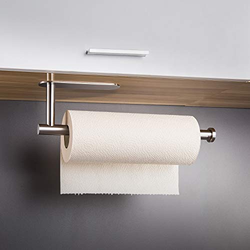 Taozun Self Adhesive Paper Towel Holder - Under Cabinet Paper Towel Rack for Kitchen, SUS304 Brushed Stainless Steel (No Drilling)