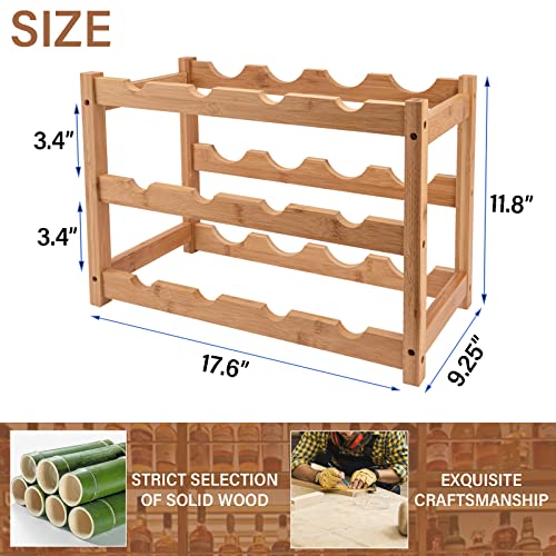 12 Bottle Bamboo Wine Rack Countertop,3-Tier Wine Rack Shelf Insert for Cabinet,Wine Bottle Storage Shelf, Freestanding Wine Rack Bottles Stand Holder Organizer