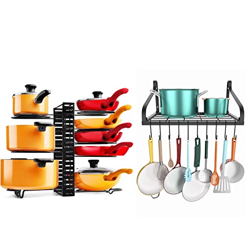 MUDEELA Pots and Pans Organizer for Cabinet Pan Organizer Rack for Cabinet with 3 DIY Methods and Wall Mounted Hanging Pot Rack for Kitchen, Cookware, Bathroom Bundle