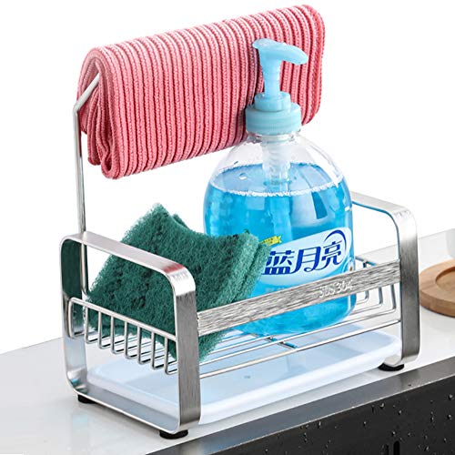 Dish Racks, Sponge Holder, Sink Caddy Organizer for Soap, Brush and Sponge, Sink Tray Drainer Rack with Removable Drain Pan & Anti-Slip Pads ,SUS304 Stainless Steel Dish Cloth Hange