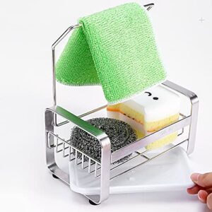 Dish Racks, Sponge Holder, Sink Caddy Organizer for Soap, Brush and Sponge, Sink Tray Drainer Rack with Removable Drain Pan & Anti-Slip Pads ,SUS304 Stainless Steel Dish Cloth Hange