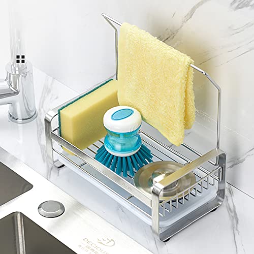 Dish Racks, Sponge Holder, Sink Caddy Organizer for Soap, Brush and Sponge, Sink Tray Drainer Rack with Removable Drain Pan & Anti-Slip Pads ,SUS304 Stainless Steel Dish Cloth Hange