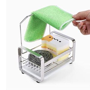 Dish Racks, Sponge Holder, Sink Caddy Organizer for Soap, Brush and Sponge, Sink Tray Drainer Rack with Removable Drain Pan & Anti-Slip Pads ,SUS304 Stainless Steel Dish Cloth Hange