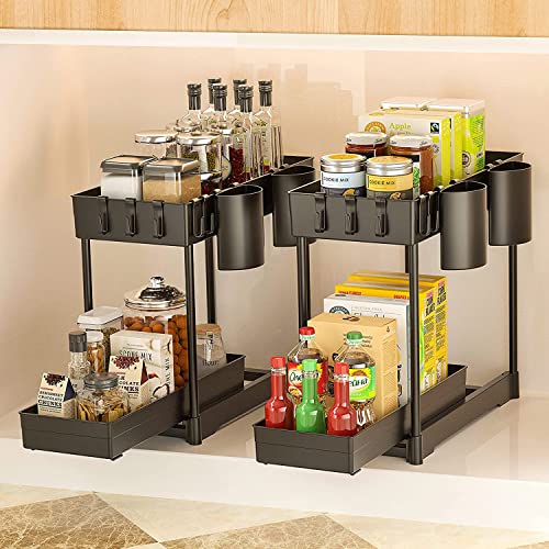 SBD 2 Pack Under Sink Organizers and Storage, 2-Tier Sliding Under Cabinet Organizer for Bathroom and Kitchen with Multi Purpose Door Organizer, 4 Cups, and 10 Hooks - Black