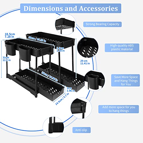 SBD 2 Pack Under Sink Organizers and Storage, 2-Tier Sliding Under Cabinet Organizer for Bathroom and Kitchen with Multi Purpose Door Organizer, 4 Cups, and 10 Hooks - Black