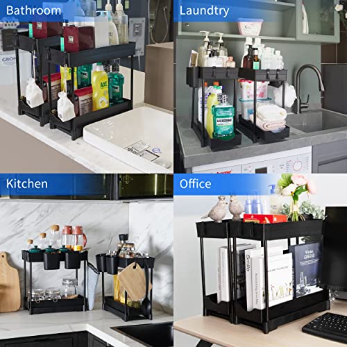 SBD 2 Pack Under Sink Organizers and Storage, 2-Tier Sliding Under Cabinet Organizer for Bathroom and Kitchen with Multi Purpose Door Organizer, 4 Cups, and 10 Hooks - Black