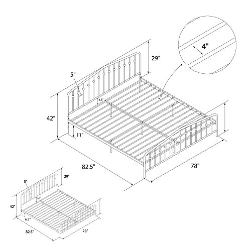 Novogratz Bushwick Metal Bed, Modern Design, King Size - Black