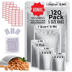 prilux mylar bags for food storage – 120 stand up mylar bags & mylar bags with oxygen absorbers – 10 mil 1 gallon, quart & 8 mil small, reusable heat sealable zipper resealable airtight food storage