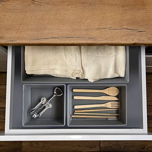 edge Tray Bins 3 Pack Multi Use Storage for Kitchen Darwers, Office and Bathroom Non-Slip Durable Rubber Lining, Charcoal - Large