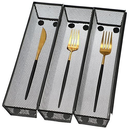 3 Pack Silverware Drawer Organizer Mesh Utensil Organizer for Kitchen Drawer, Silverware Tray with Interlocking Arm Narrow Utensil Holder for Flatware Spoon Knife Fork Pen, 12 x 3 x 2 Inch, Black