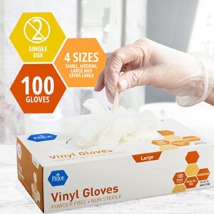 Med PRIDE Vinyl Gloves| Large Box of 100| 4.3 mil Thick, Powder-Free, Non-Sterile, Heavy Duty Disposable Gloves| Professional Grade for Healthcare, Medical, Food Handling, and More