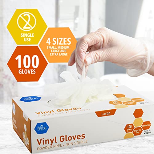 Med PRIDE Vinyl Gloves| Large Box of 100| 4.3 mil Thick, Powder-Free, Non-Sterile, Heavy Duty Disposable Gloves| Professional Grade for Healthcare, Medical, Food Handling, and More