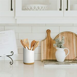 KARRYOUNG Extra-Large Ceramic Kitchen Utensil Holder for Countertop with Acacia Wooden Base - Utensil Caddy, 5.5 x 7.5 Inches，White