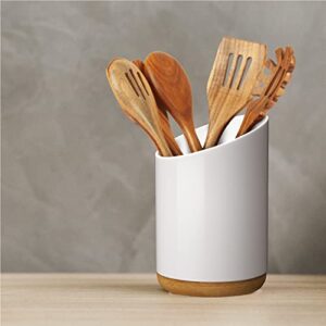 KARRYOUNG Extra-Large Ceramic Kitchen Utensil Holder for Countertop with Acacia Wooden Base - Utensil Caddy, 5.5 x 7.5 Inches，White