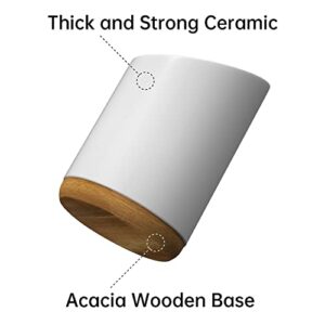 KARRYOUNG Extra-Large Ceramic Kitchen Utensil Holder for Countertop with Acacia Wooden Base - Utensil Caddy, 5.5 x 7.5 Inches，White