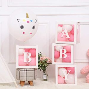 Baby Shower Boxes Party Decorations – 4 pcs Transparent Balloons Boxes Décor with Letters, Individual BABY Blocks Design for Boys Girls Baby Shower Decorations Gender Reveal Bridal Showers Birthday Party Backdrop