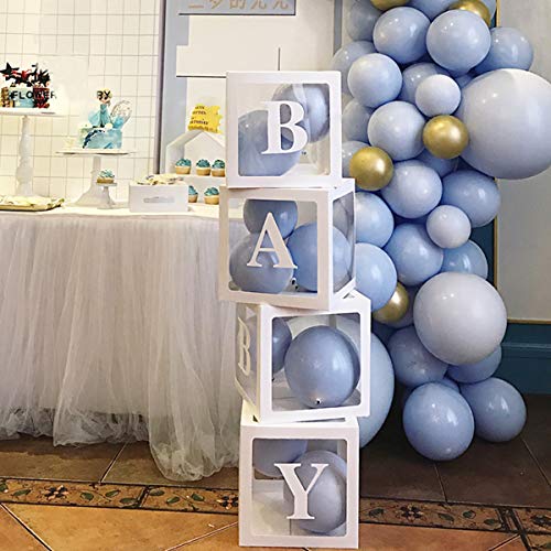 Baby Shower Boxes Party Decorations – 4 pcs Transparent Balloons Boxes Décor with Letters, Individual BABY Blocks Design for Boys Girls Baby Shower Decorations Gender Reveal Bridal Showers Birthday Party Backdrop