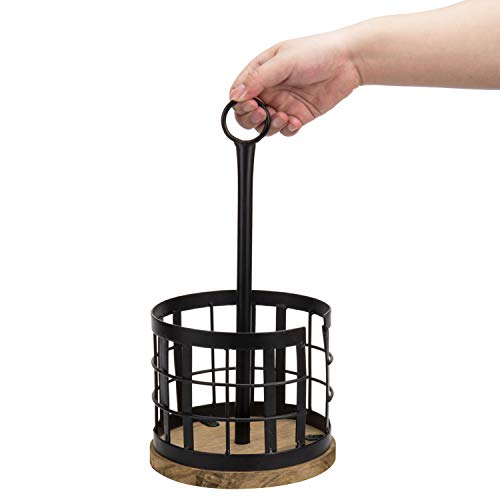 MyGift Black Metal Farmhouse Paper Towel Holder Kitchen Countertop Stand with Brown Wood Base and Top Ring Handle