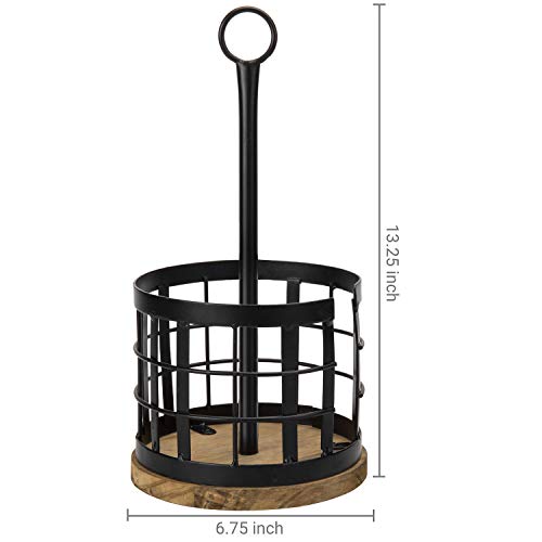 MyGift Black Metal Farmhouse Paper Towel Holder Kitchen Countertop Stand with Brown Wood Base and Top Ring Handle