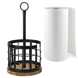 MyGift Black Metal Farmhouse Paper Towel Holder Kitchen Countertop Stand with Brown Wood Base and Top Ring Handle