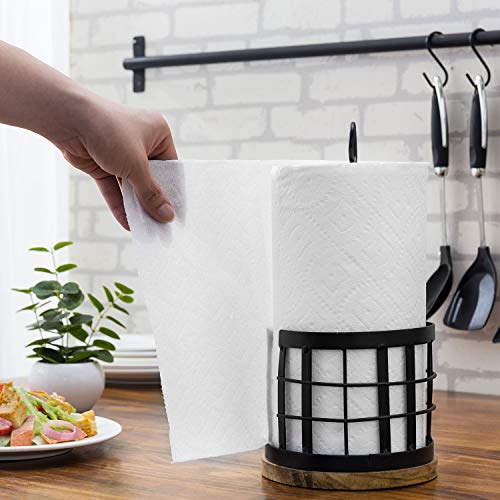 MyGift Black Metal Farmhouse Paper Towel Holder Kitchen Countertop Stand with Brown Wood Base and Top Ring Handle