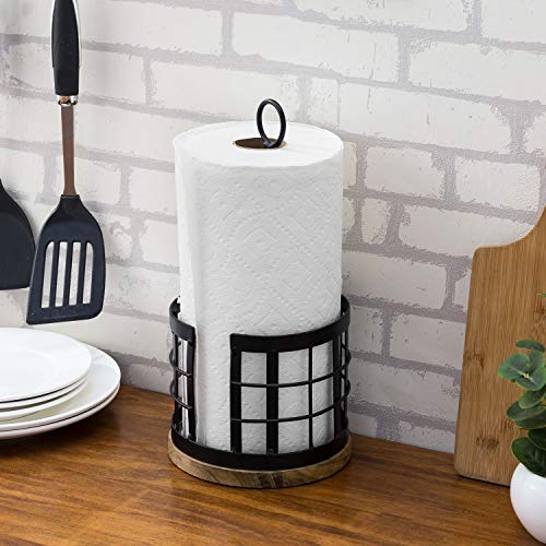 MyGift Black Metal Farmhouse Paper Towel Holder Kitchen Countertop Stand with Brown Wood Base and Top Ring Handle