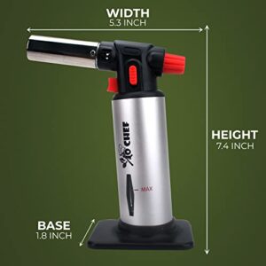 Kitchen Torch With Butane included - Refillable Butane Torch With Safety Lock & Adjustable Flame + Fuel gauge - Culinary Torch, Creme Brulee Torch for Cooking Food, Baking, BBQ, 2 Cans Included