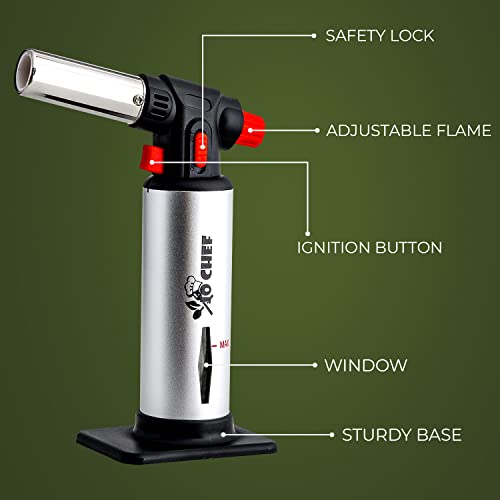 Kitchen Torch With Butane included - Refillable Butane Torch With Safety Lock & Adjustable Flame + Fuel gauge - Culinary Torch, Creme Brulee Torch for Cooking Food, Baking, BBQ, 2 Cans Included