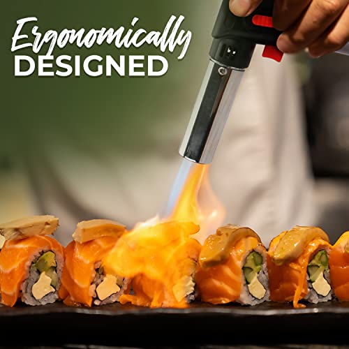 Kitchen Torch With Butane included - Refillable Butane Torch With Safety Lock & Adjustable Flame + Fuel gauge - Culinary Torch, Creme Brulee Torch for Cooking Food, Baking, BBQ, 2 Cans Included