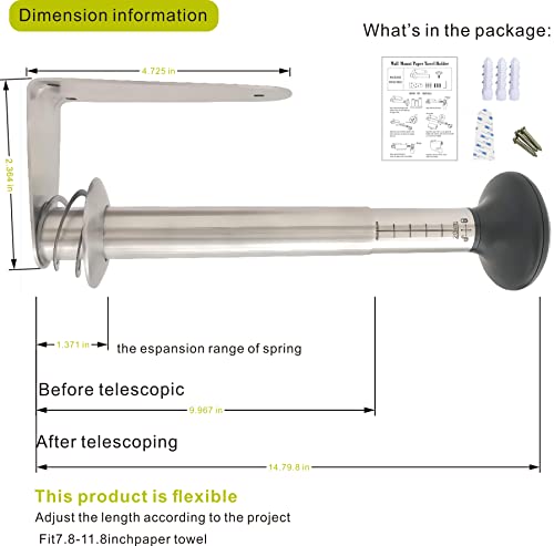 Under Counter Paper Towel Holder Under Cabinet or Wall Mount ,Single Hand Operable,Self Adhesive or Screw Mounting for Kitchen, Sink, Bathroom,Stainless Steel,Retractable