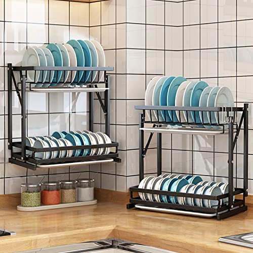 LIHONG Foldable Stainless Steel 2 Tier Dish Drying Rack,Dish Drainer with Drainboard Set for Kitchen Counter