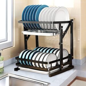 LIHONG Foldable Stainless Steel 2 Tier Dish Drying Rack,Dish Drainer with Drainboard Set for Kitchen Counter