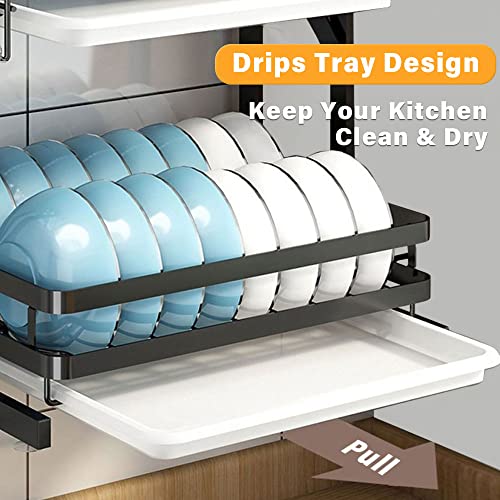 LIHONG Foldable Stainless Steel 2 Tier Dish Drying Rack,Dish Drainer with Drainboard Set for Kitchen Counter