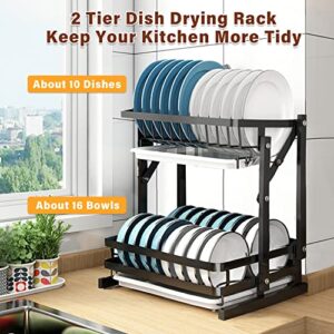 LIHONG Foldable Stainless Steel 2 Tier Dish Drying Rack,Dish Drainer with Drainboard Set for Kitchen Counter