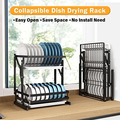 LIHONG Foldable Stainless Steel 2 Tier Dish Drying Rack,Dish Drainer with Drainboard Set for Kitchen Counter