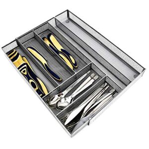 Expandable Mesh Metal Cutlery Tray, 6 Compartments Kitchen Drawer Organizer for Utensil Flatware Dividers Cutlery (Silver, 6 Compartments)