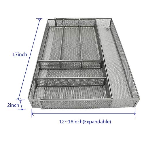 Expandable Mesh Metal Cutlery Tray, 6 Compartments Kitchen Drawer Organizer for Utensil Flatware Dividers Cutlery (Silver, 6 Compartments)