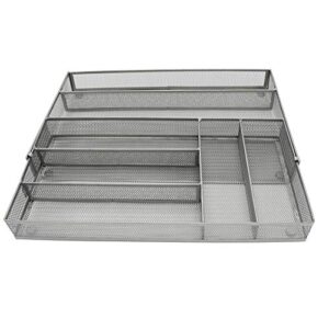 Expandable Mesh Metal Cutlery Tray, 6 Compartments Kitchen Drawer Organizer for Utensil Flatware Dividers Cutlery (Silver, 6 Compartments)