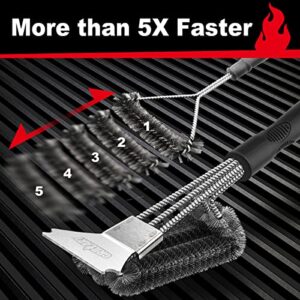 GRILLART Grill Brush and Scraper, Extra Strong BBQ Cleaner Accessories, Safe Wire Bristles 18" Barbecue Triple Scrubbers Cleaning Brush for Gas/Charcoal Grilling Grates, Wizard Tool BR-8115